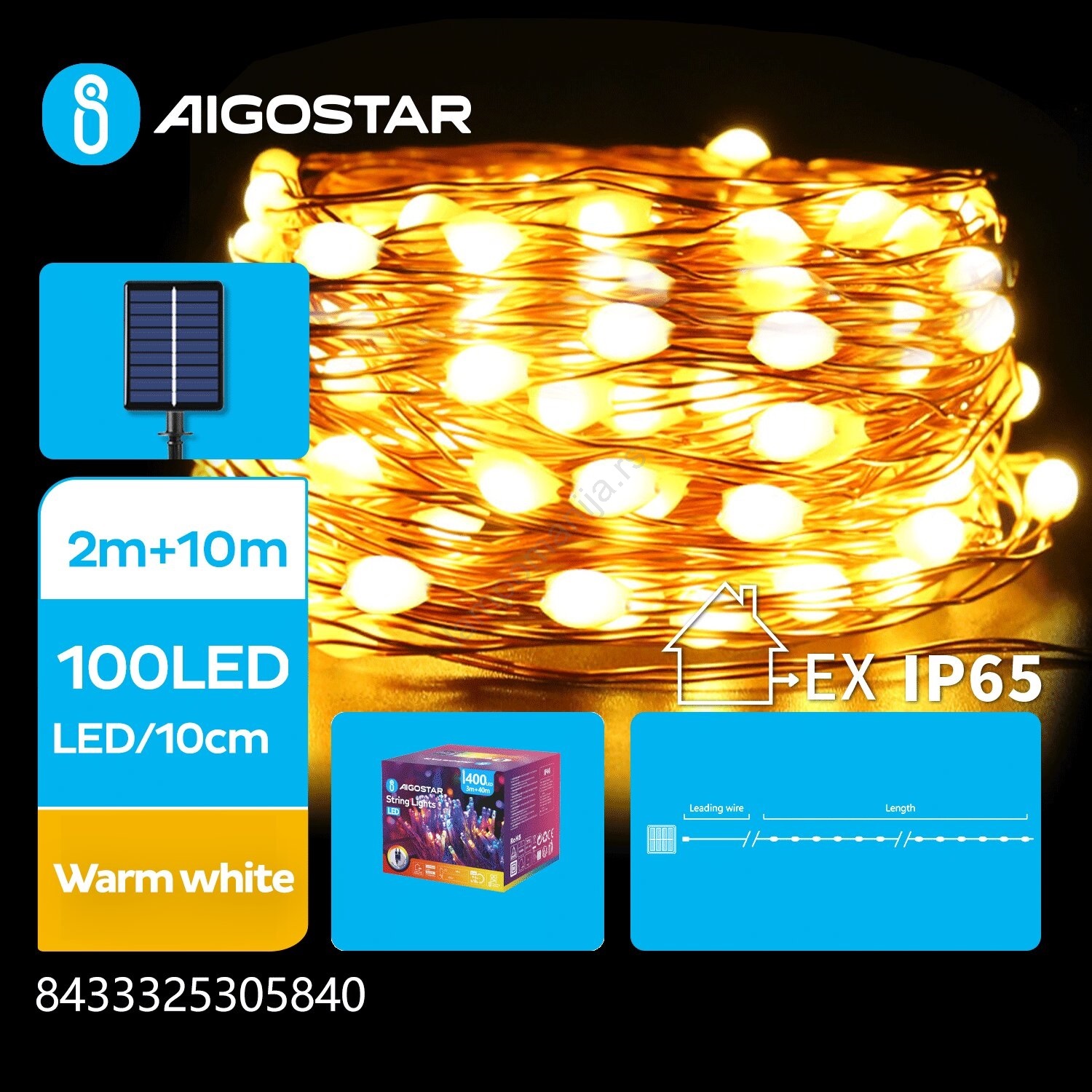 Aigostar - LED solarna božićna girlanda 100xLED/8 funkcija 12m IP65 ...