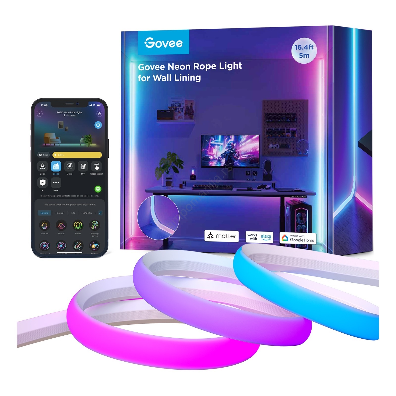 Govee - Neon MATTER LED ugaona traka 5m RGBIC Wi-Fi | Lampomanija